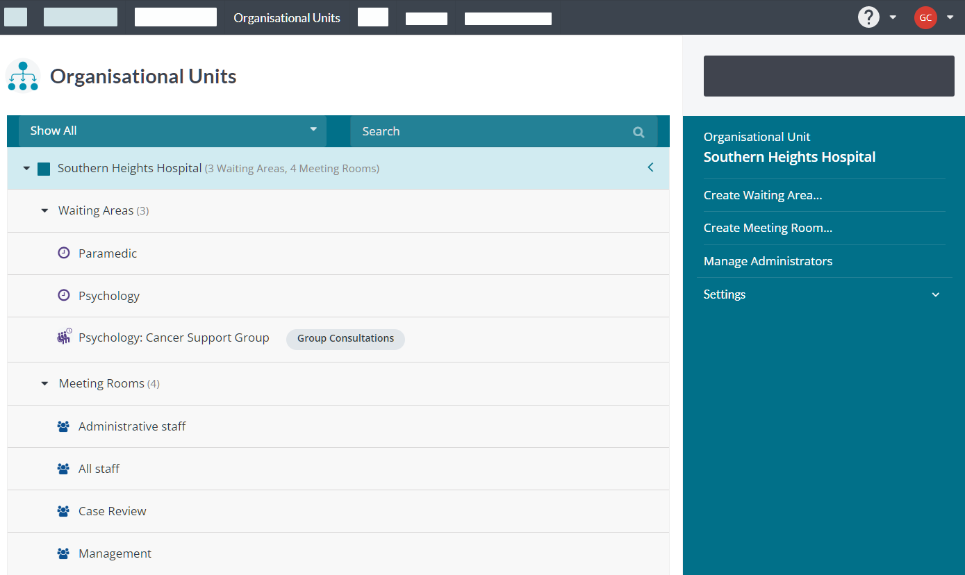 Organisational units screen